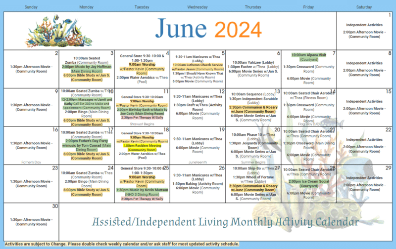 Assisted Living Activity Calendar at SpringBrook Assisted Living
